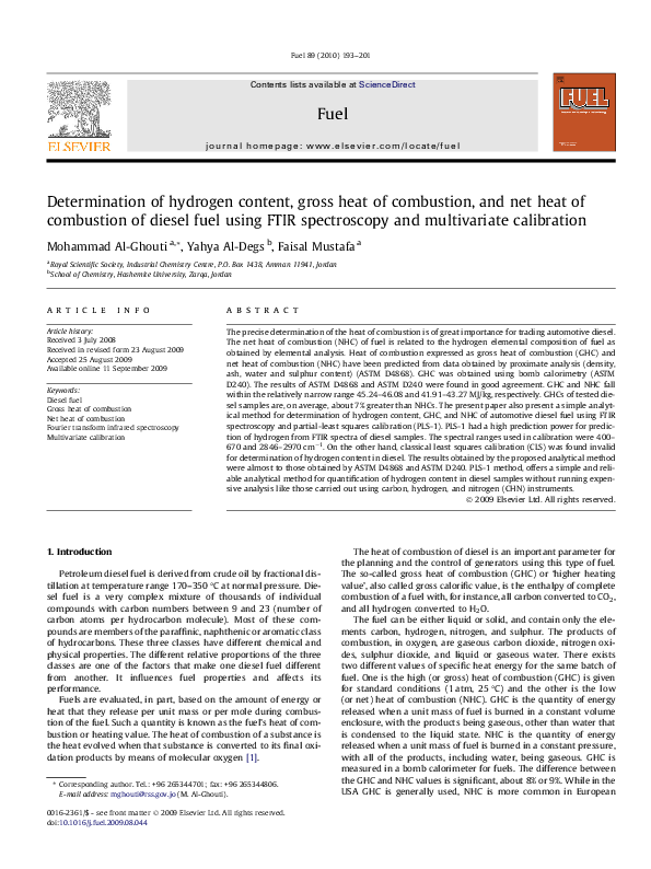 (PDF) Determination of hydrogen content, gross heat of combustion, and ...