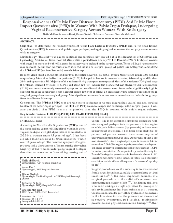 (PDF) Responsiveness Of Pelvic Floor Distress Inventory (PFDI) And ...