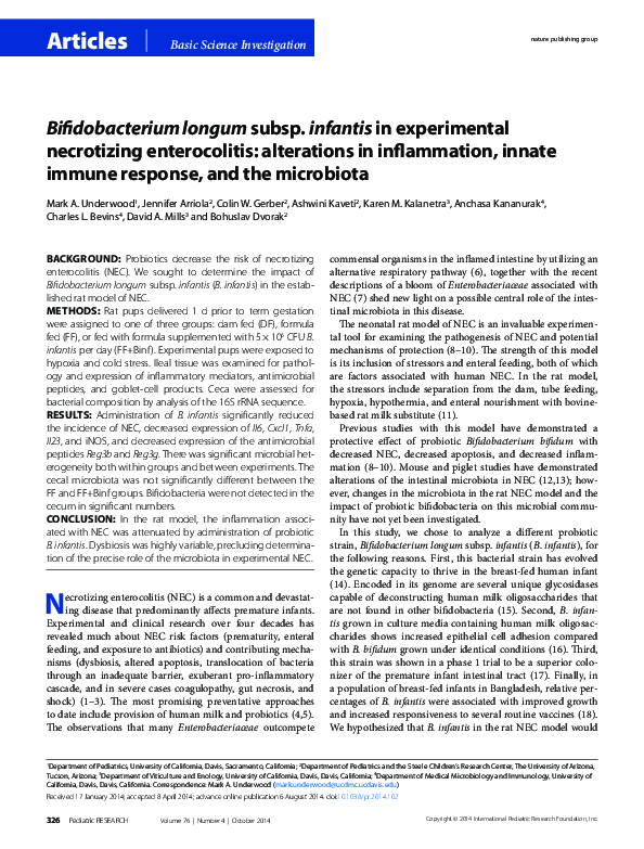 (PDF) Bifidobacterium longum subsp. infantis in experimental necrotizing enterocolitis ...