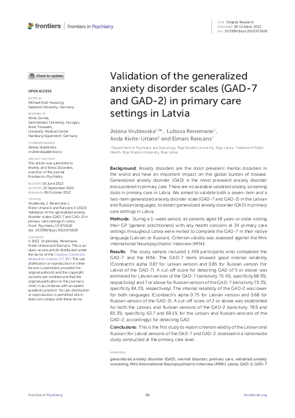 (PDF) Validation of the generalized anxiety disorder scales (GAD-7 and ...