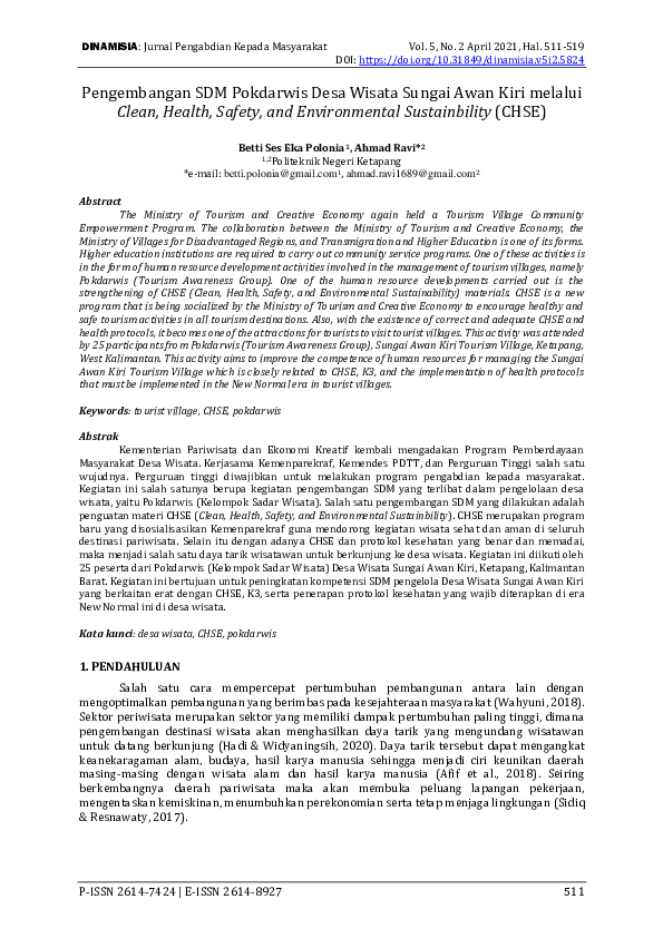 (PDF) Pengembangan SDM Pokdarwis Desa Wisata Sungai Awan Kiri melalui Clean, Health, Safety, and ...