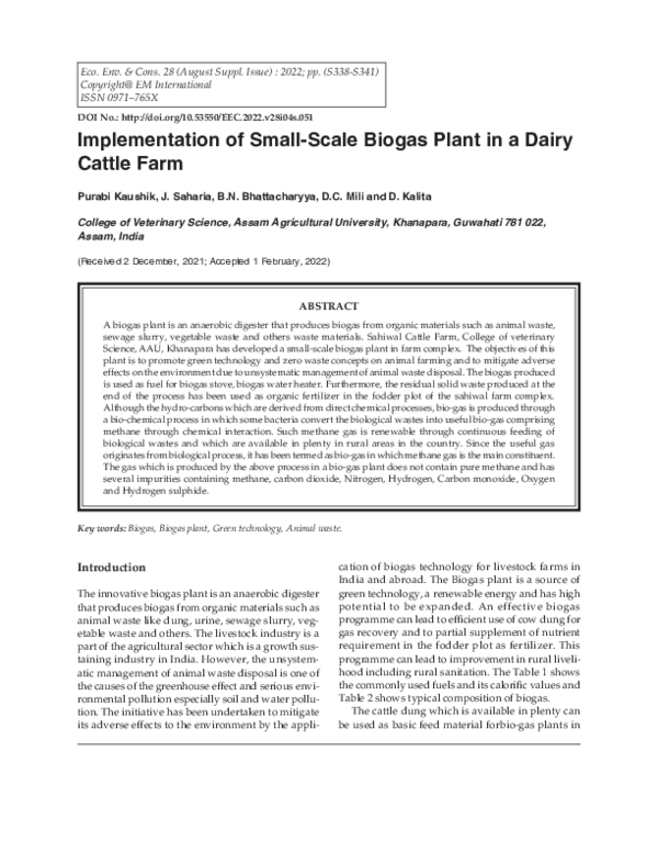 (PDF) Implementation of Small-Scale Biogas Plant in a Dairy Cattle Farm