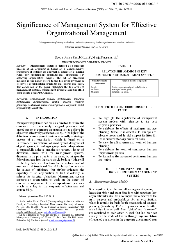 (PDF) Significance of Management System for Effective Organizational ...