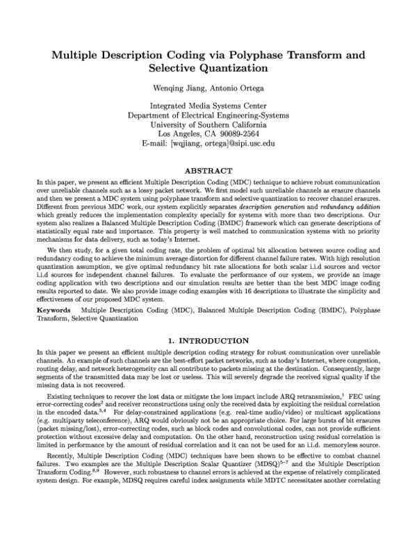 Pdf Multiple Description Coding Via Polyphase Transform And Selective Quantization Wenqing 3030