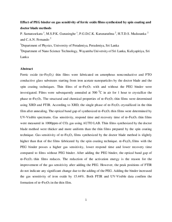(PDF) Effect of PEG binder on gas sensitivity of ferric oxide films ...
