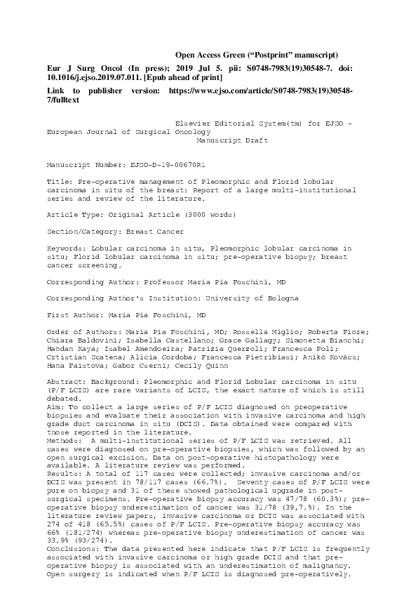 (PDF) Pleomorphic and Florid Lobular Carcinoma In Situ Variants of the ...