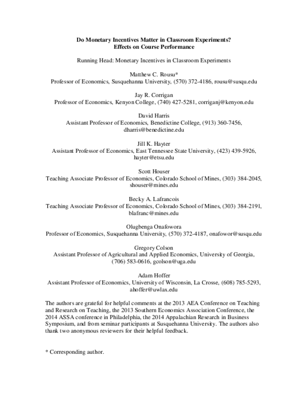 (PDF) Do Monetary Incentives Matter in Classroom Experiments? Effects on Course Performance