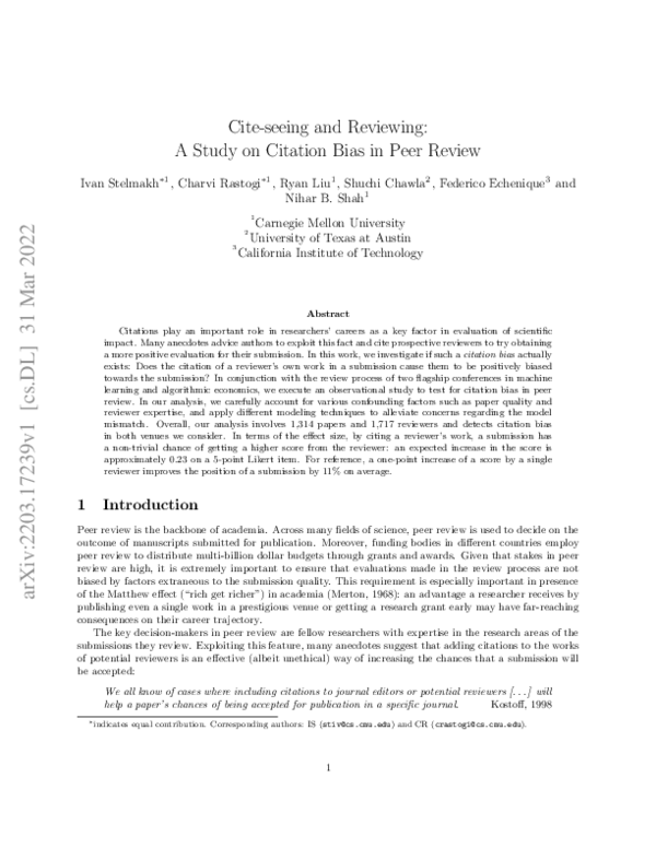 (PDF) Cite-seeing and Reviewing: A Study on Citation Bias in Peer Review