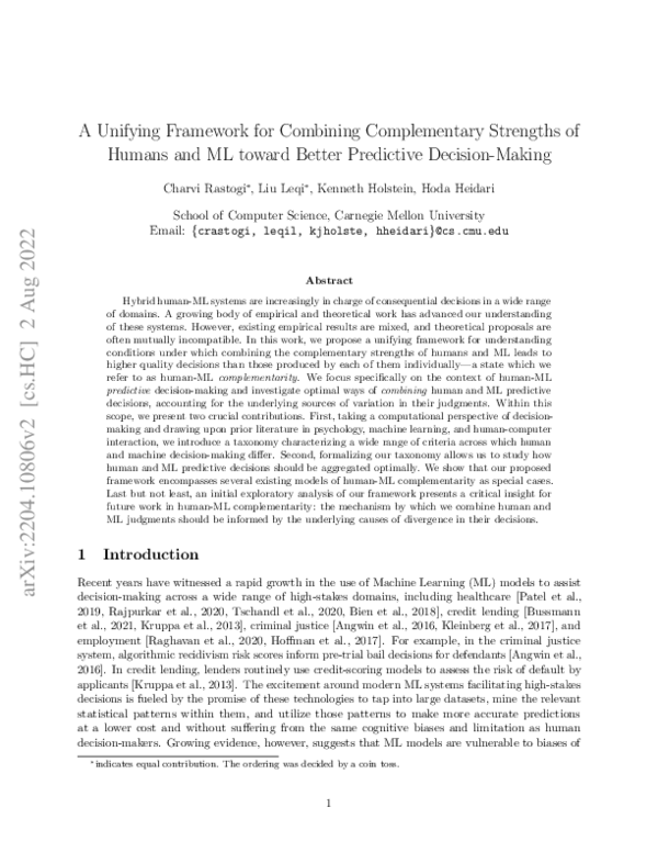 (PDF) A Unifying Framework for Combining Complementary Strengths of Humans and ML toward Better ...