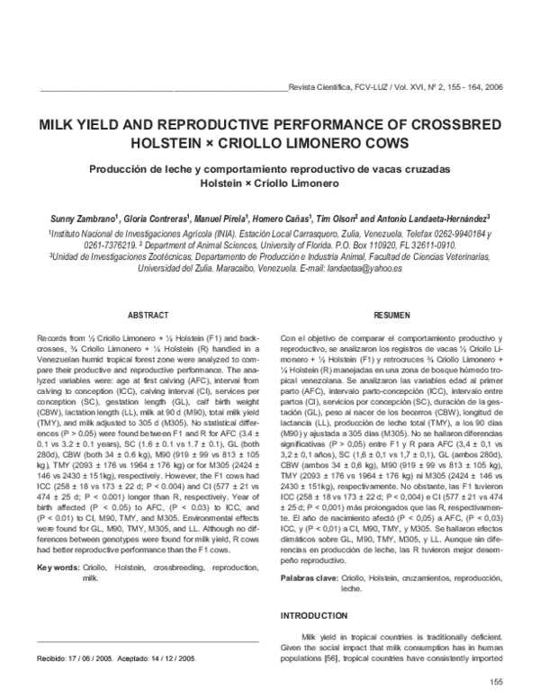 (PDF) Milk yield and reproductive performance of crossbred holstein× criollo limonero cows ...