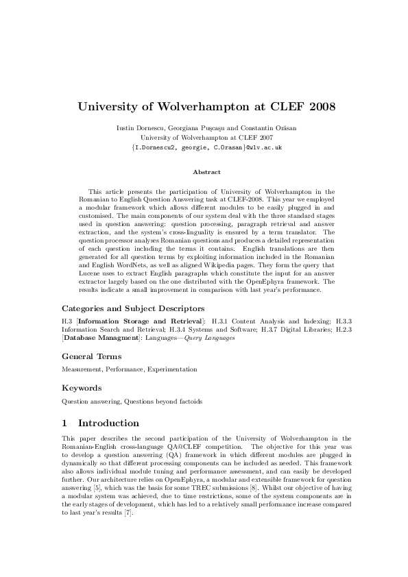 (PDF) Wolverhampton's CLEF 2008: Romanian to English QA System