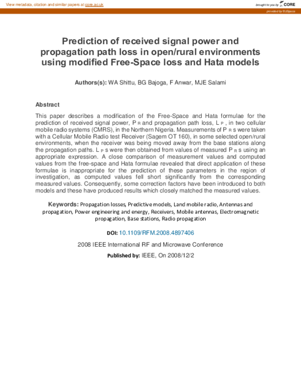 Pdf Prediction Of Received Signal Power And Propagation Path Loss In Open Rural Environments