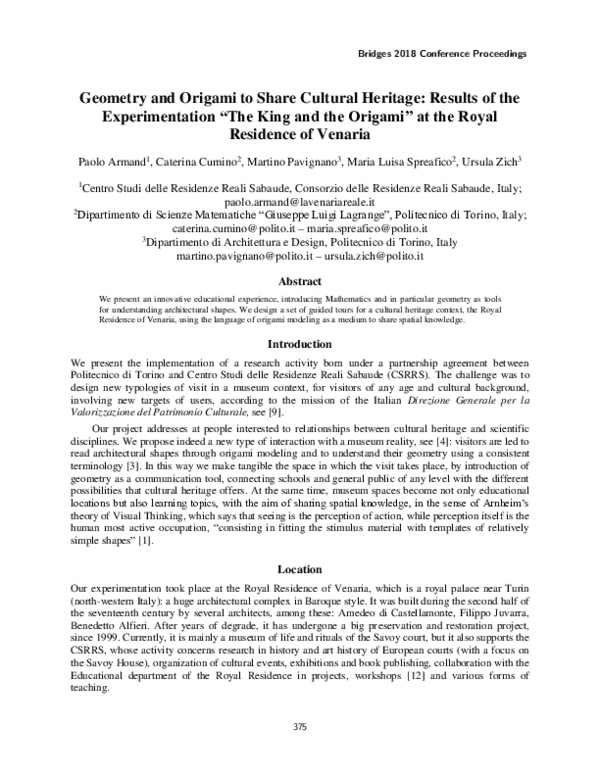 (PDF) Geometry and Origami to Share Cultural Heritage: Results of the ...
