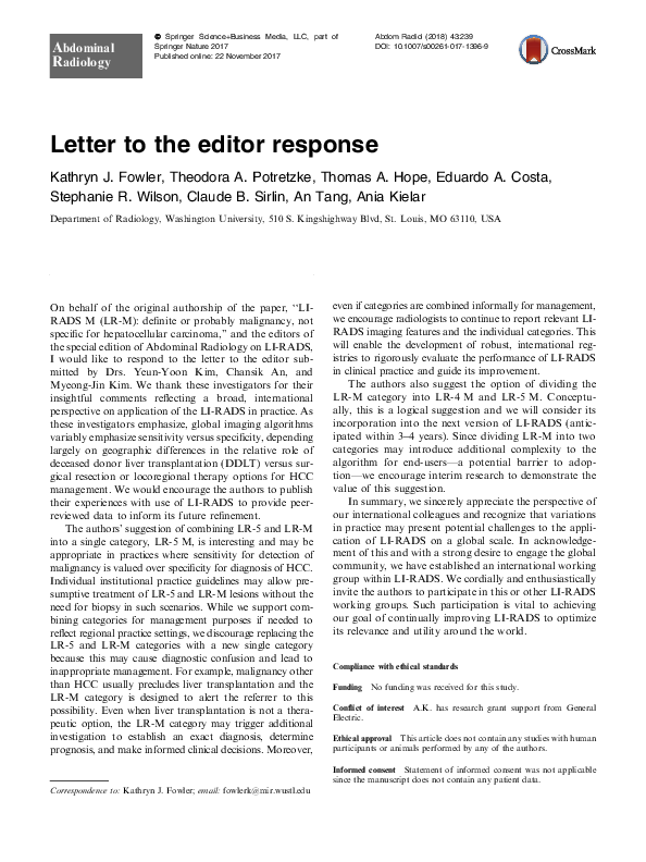 (PDF) Letter to the editor response