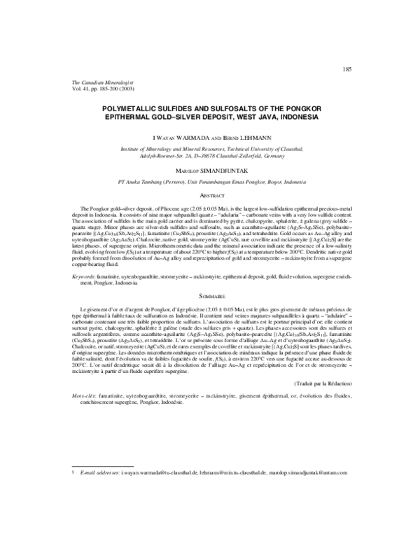 (PDF) Polymetallic Sulfides and Sulfosalts of the Pongkor Epithermal ...