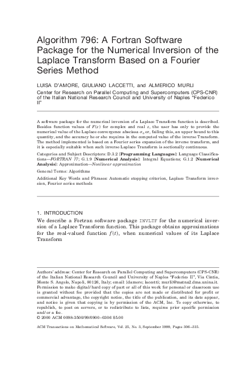 Pdf Algorithm 796 A Fortran Software Package For The Numerical Inversion Of The Laplace
