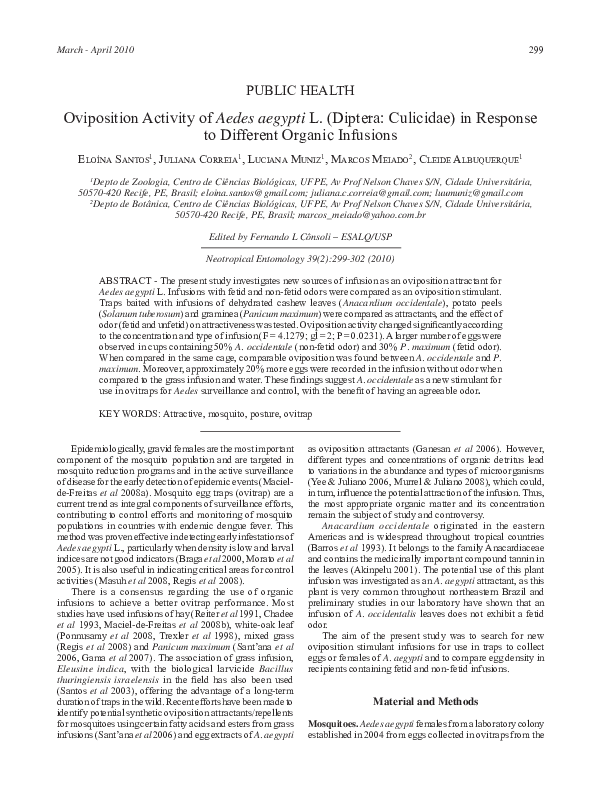(PDF) Oviposition activity of Aedes aegypti L. (Diptera: Culicidae) in responseto different ...