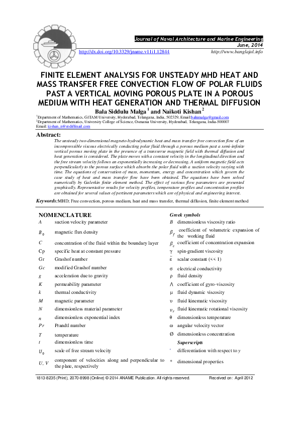 (PDF) Finite element analysis for unsteady MHD heat and mass transfer free convection flow of ...