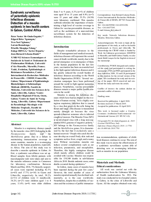 Pdf Syndromic Surveillance Of Potentially Epidemic Infectious Diseases Detection Of A Measles