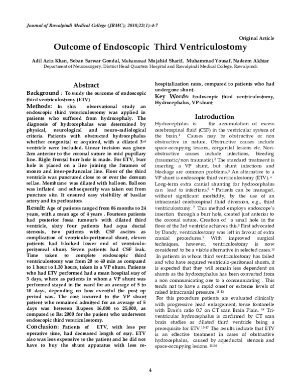 Pdf Outcome Of Endoscopic Third Ventriculostomy Abdullah Yousaf
