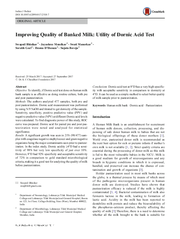 (PDF) Improving Quality of Banked Milk: Utility of Dornic Acid Test ...