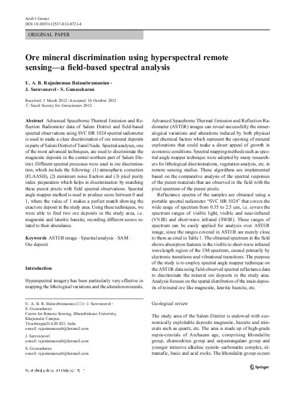 (PDF) Ore mineral discrimination using hyperspectral remote sensing—a field-based spectral analysis