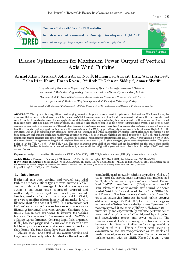 Pdf Blades Optimization For Maximum Power Output Of Vertical Axis Wind Turbine
