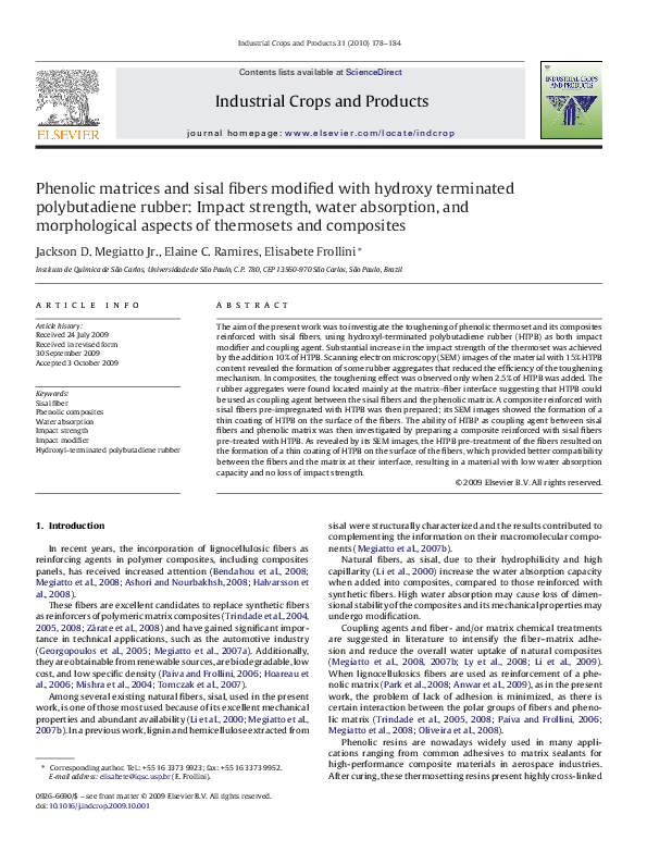 Pdf Phenolic Matrices And Sisal Fibers Modified With Hydroxy Terminated Polybutadiene Rubber