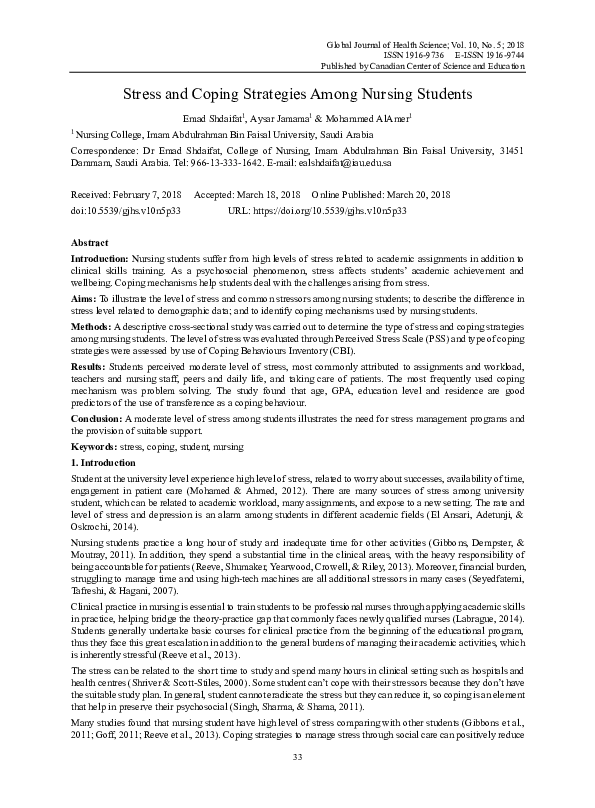 (PDF) Stress and coping strategies among nursing students: an international study