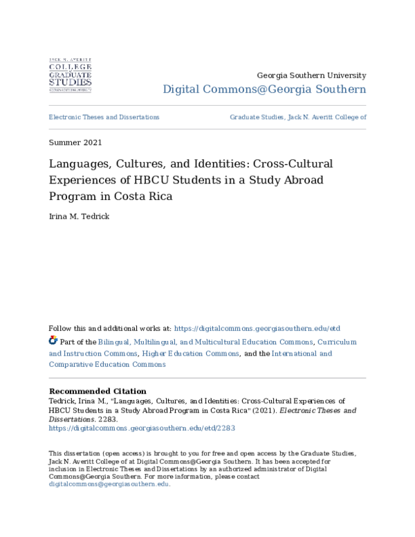 (PDF) Languages, Cultures, and Identities: Cross-Cultural Experiences of HBCU Students in a ...