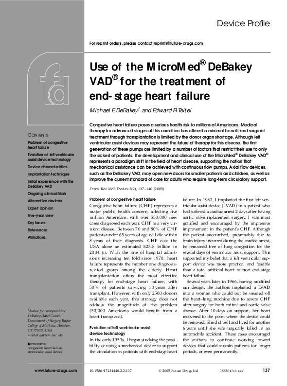 (PDF) Use of the MicroMed ® DeBakey VAD ® for the treatment of end ...