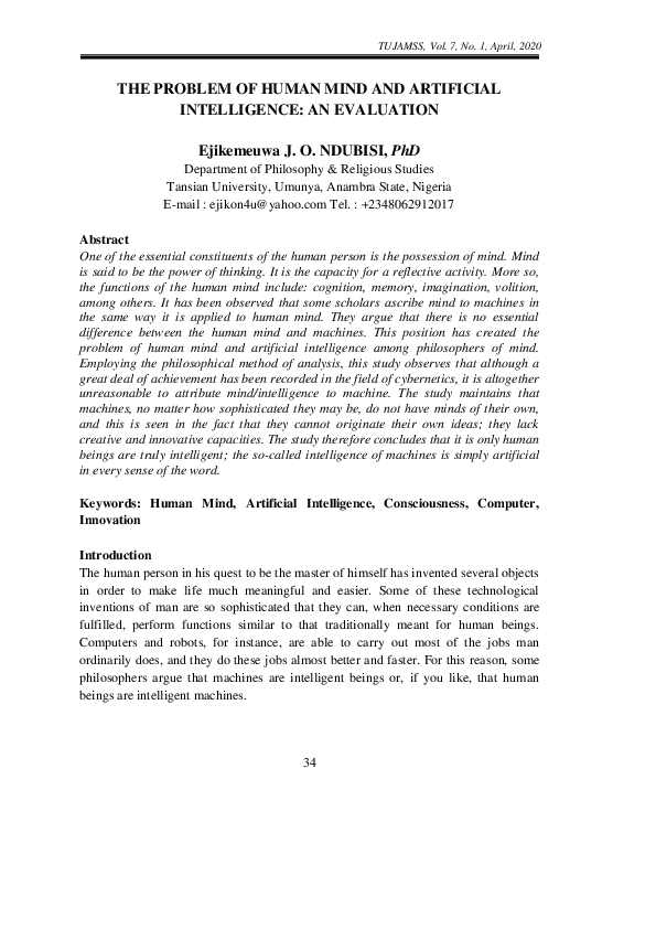 (PDF) The Problem of Human Mind and Artificial Intelligence: An Evaluation
