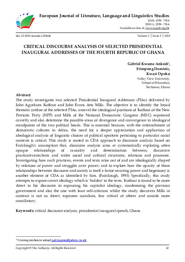 (PDF) Critical Discourse Analysis Of Selected Presidential Inaugural ...