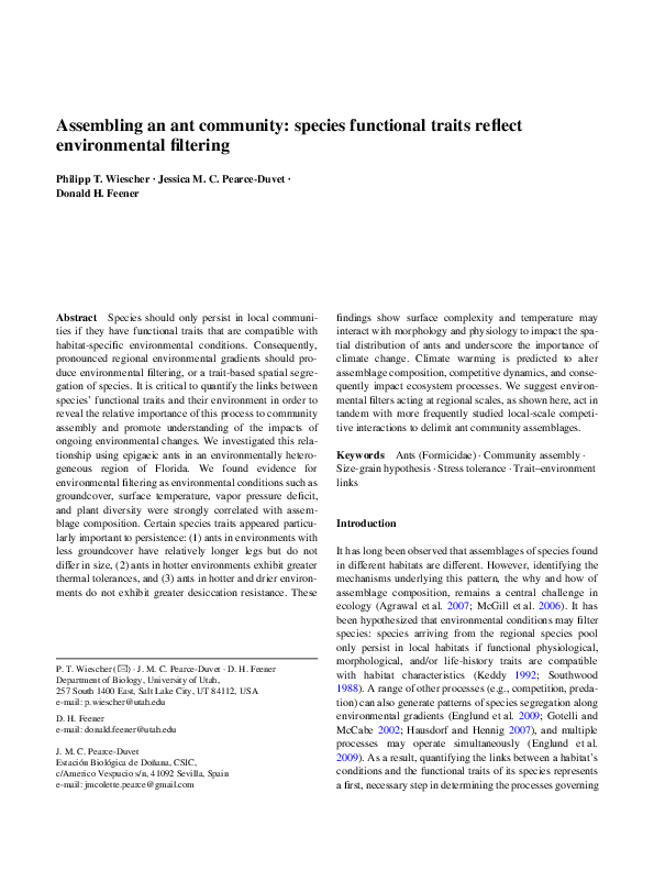 (PDF) Assembling an ant community: species functional traits reflect ...