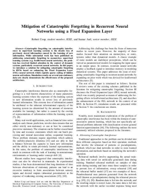 Pdf Mitigation Of Catastrophic Forgetting In Recurrent Neural Networks Using A Fixed Expansion