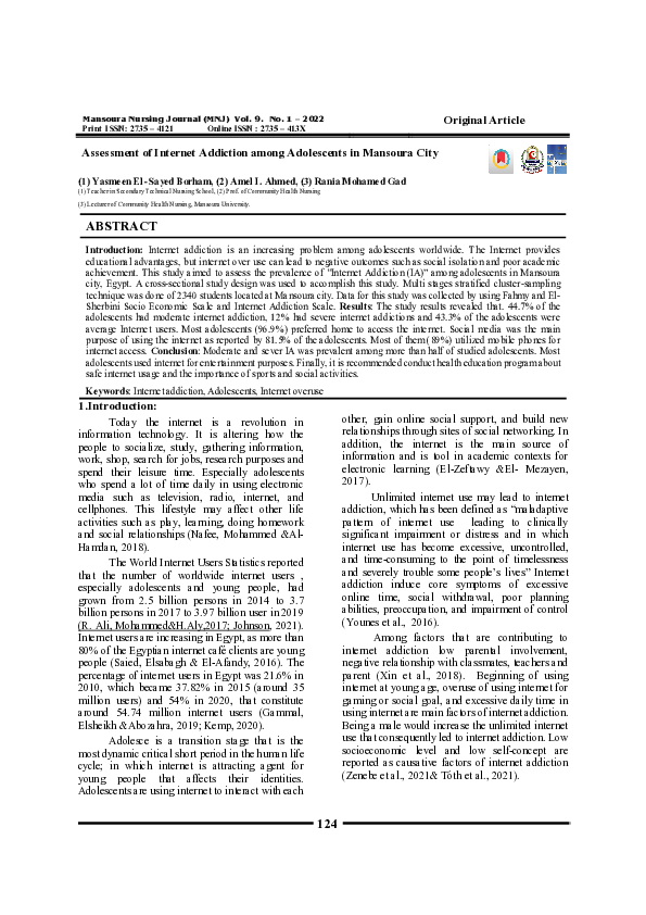 (PDF) Assessment of Internet Addiction among Adolescents in Mansoura City