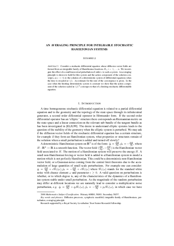 (PDF) An averaging principle for integrable stochastic Hamiltonian systems