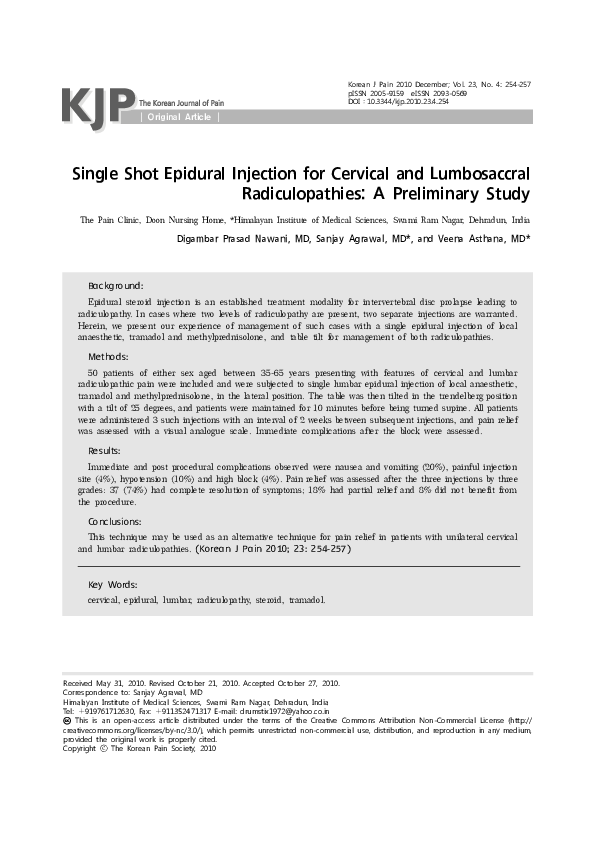 (PDF) Single Shot Epidural Injection for Cervical and Lumbosaccral ...
