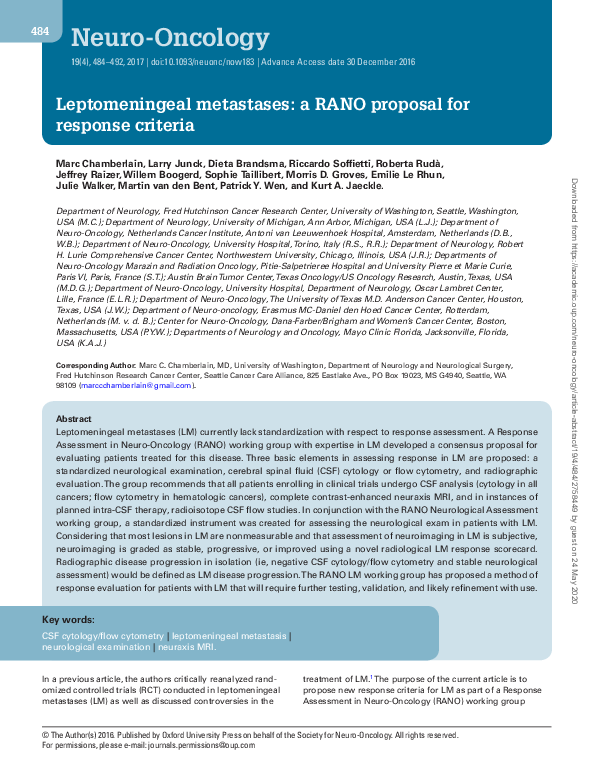(PDF) Leptomeningeal metastases: a RANO proposal for response criteria