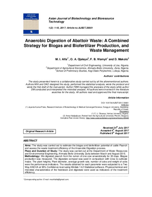 (PDF) Anaerobic Digestion of Abattoir Waste: A Combined Strategy for ...