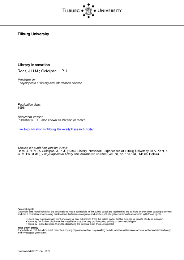 (PDF) Library innovation : Experiences at Tilburg University