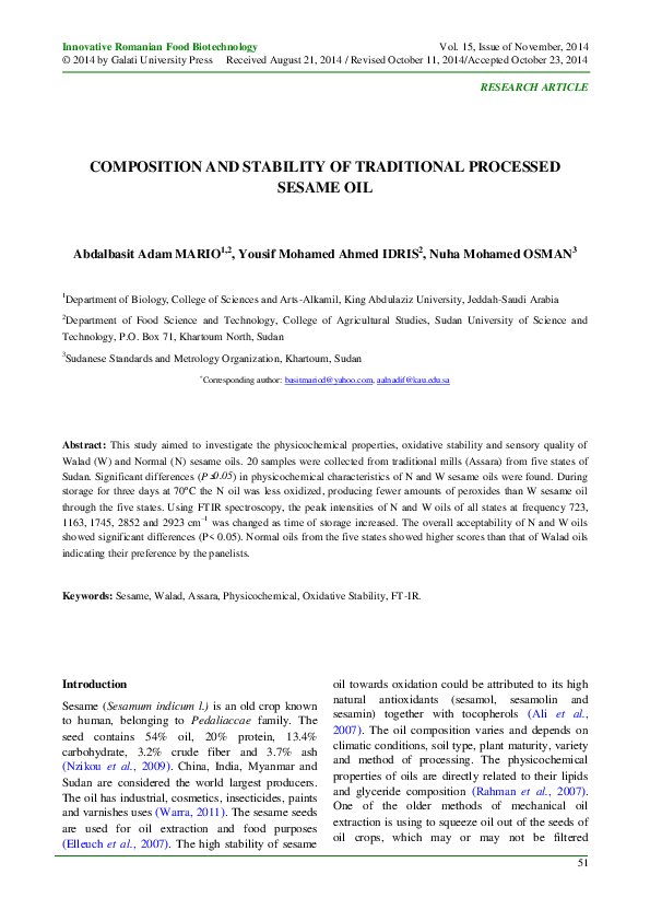 (PDF) Composition and Stability of Traditional Processed Sesame Oil