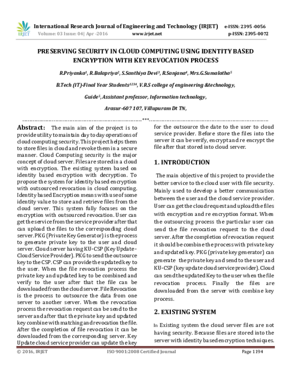(PDF) Preserving Security in Cloud Computing Using Identity Based Encryption with Key Revocation ...