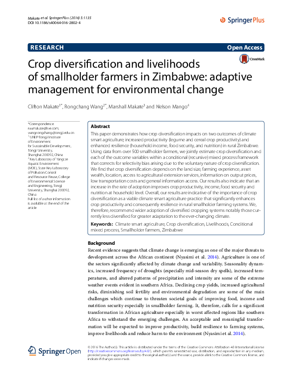 (PDF) Crop diversification and livelihoods of smallholder farmers in ...