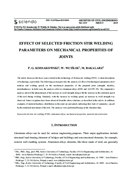 (PDF) Effect of Selected Friction Stir Welding Parameters on Mechanical Properties of Joints