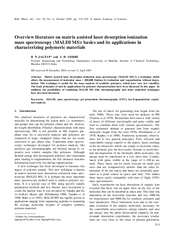 Pdf Overview Literature On Matrix Assisted Laser Desorption Ionization Mass Spectroscopy