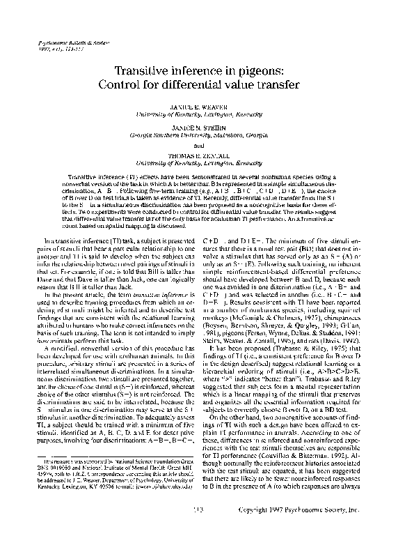 (PDF) Transitive inference in pigeons: Control for differential value transfer