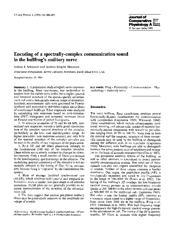 (PDF) Encoding of a spectrally-complex communication sound in the bullfrog's auditory nerve