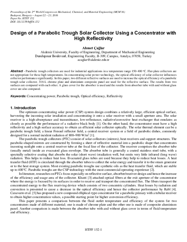 (PDF) Design of a Parabolic Trough Solar Collector Using a Concentrator ...