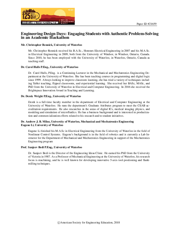 (PDF) Engineering Design Days: Engaging Students with Authentic Problem ...
